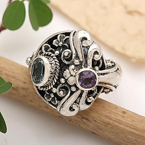 NOVICA Artisan Handmade Blue Topaz Amethyst Cocktail Ring Sterling Silver Dragonfly Floral Purple Indonesia Animal Themed Birthstone [ring Front 0.8 in L x 0.8 in W x 0.4 in H Band Width 2 mm W] '
