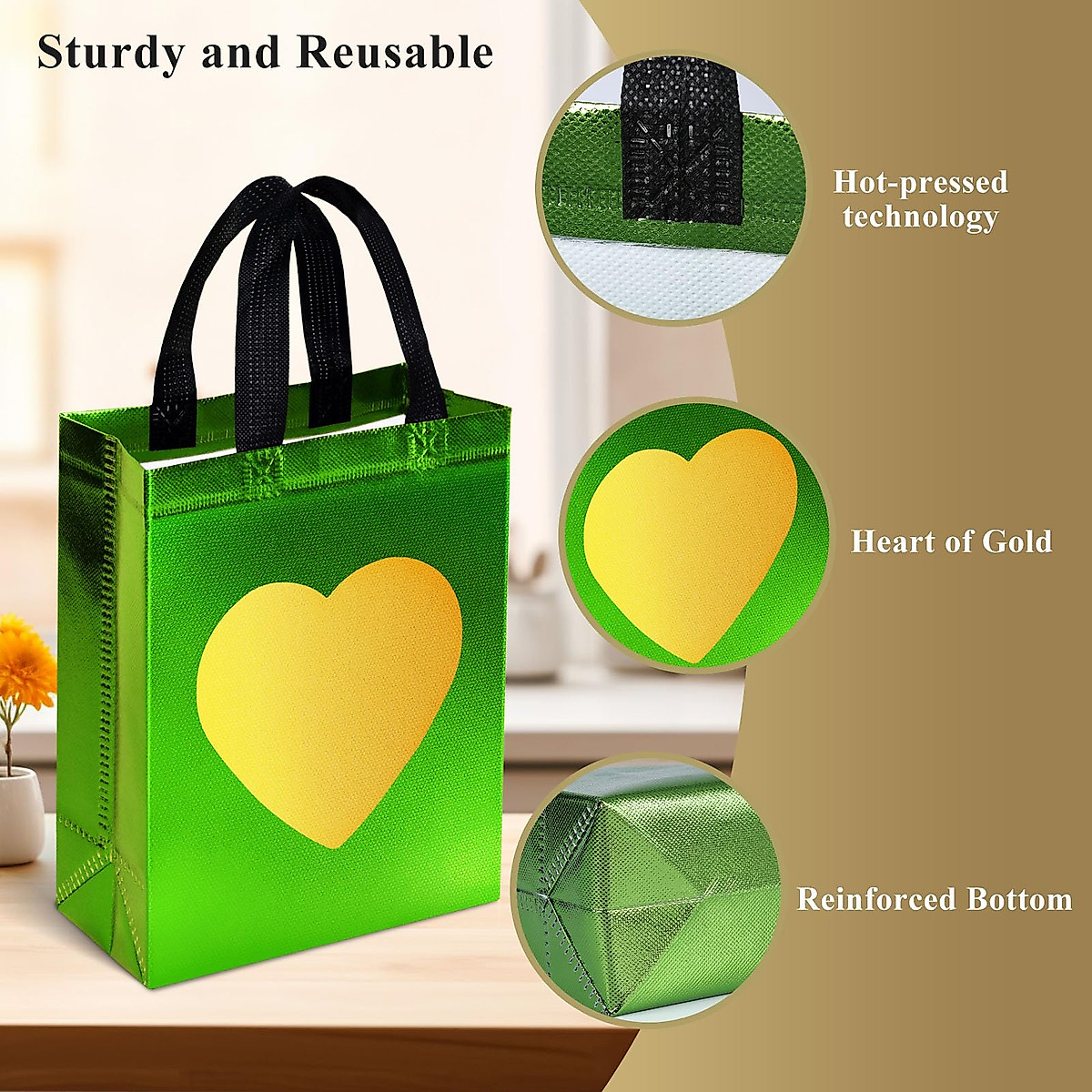 MCPINKY 15PCS Gift Bags with Handles, Green Non-woven Bags with Shiny Gold Heart Reusable Gift Bags Medium Size Party Favor Bags for Birthday Wedding Party Favors