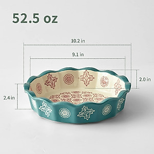 ZONESUM Ceramic Pie Pan, 10.2 Inch Deep Dish Pie Plate 52 Ounce Pie Dish for Baking, Fruit Tarts, Quiche, Oven Safe Heat Resistant, Dishwasher Safe, Turquoise