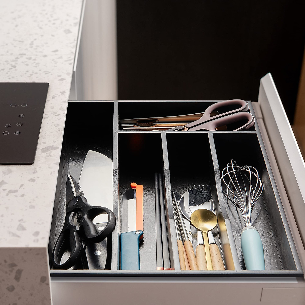 oridom 5-Slots Bamboo Silverware Drawer Organizer for Kitchen,Bamboo Wood Cutlery Tray in Drawer for Flatware and Utensils in Kitchen, (White)