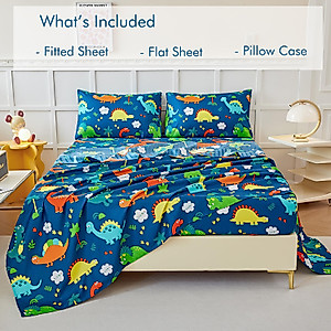 WINLIFE Dinosaur Sheet Set Twin for Boys 3 Piece - Soft Cozy Microfiber Twin Size Kids Sheets - Cartoon Dino Sheets for Twin Bed - Deep Pocket 16 Inches Teen Bed Sheets for Children, Navy