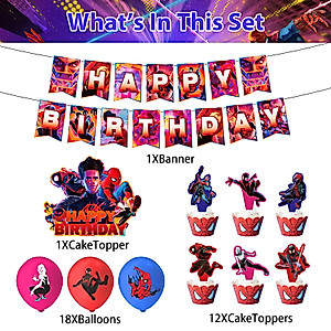 Miles Morales Party Supplies Spider Birthday Decorations for Boys Include Happy Birthday Bannner, 18 Latex Balloons, 1 Cake Topper and 12 Cupcake Toppers for Across Spider Party Decorations