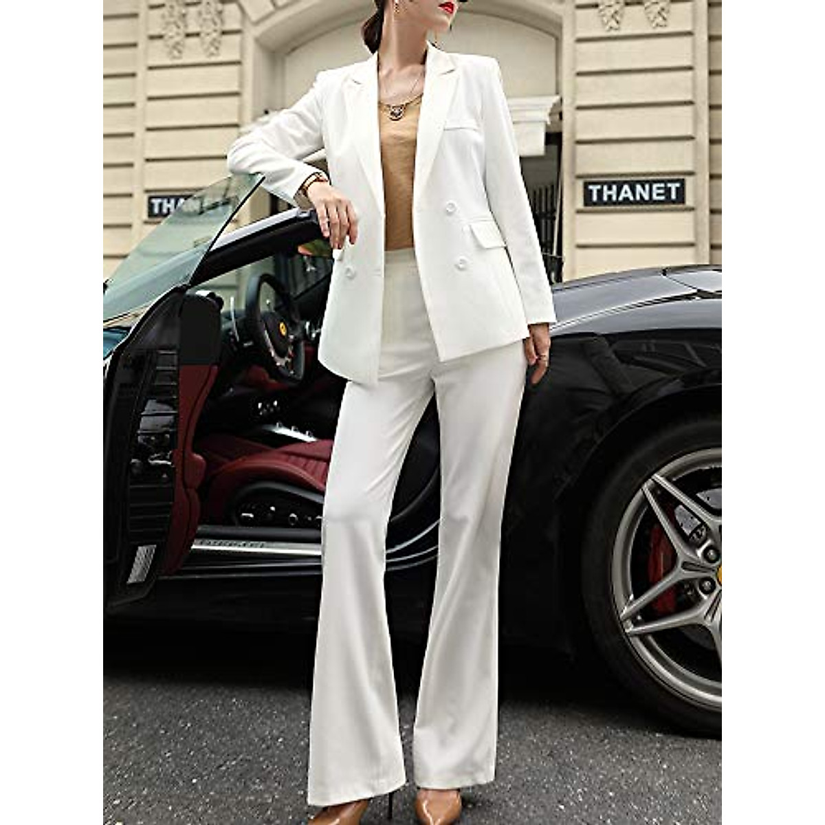 SUSIELADY Women's Blazer Suits Two Piece Solid Work Pant Suit for Women Business Office Lady Suits Sets (Bl01-white, Medium)
