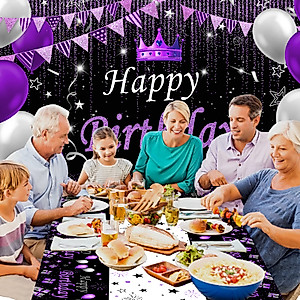 Purple and Black Party Decorations for Women, Purple Birthday Decorations for Girls Men with Purple Black Happy Birthday Backdrop Tablecloth Confetti Balloons Arch, Purple Party Supplies