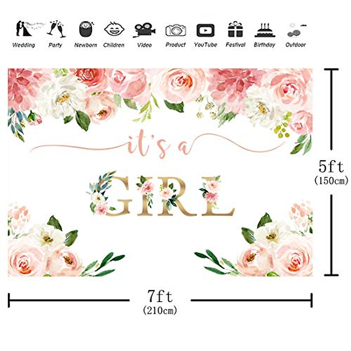 Aperturee It's a Girl Baby Shower Backdrop Watercolor Pink Floral Photography Background 7x5ft Flower Baby Girl Party Decorations Photo Booth Photoshoot Props Banner Supplies