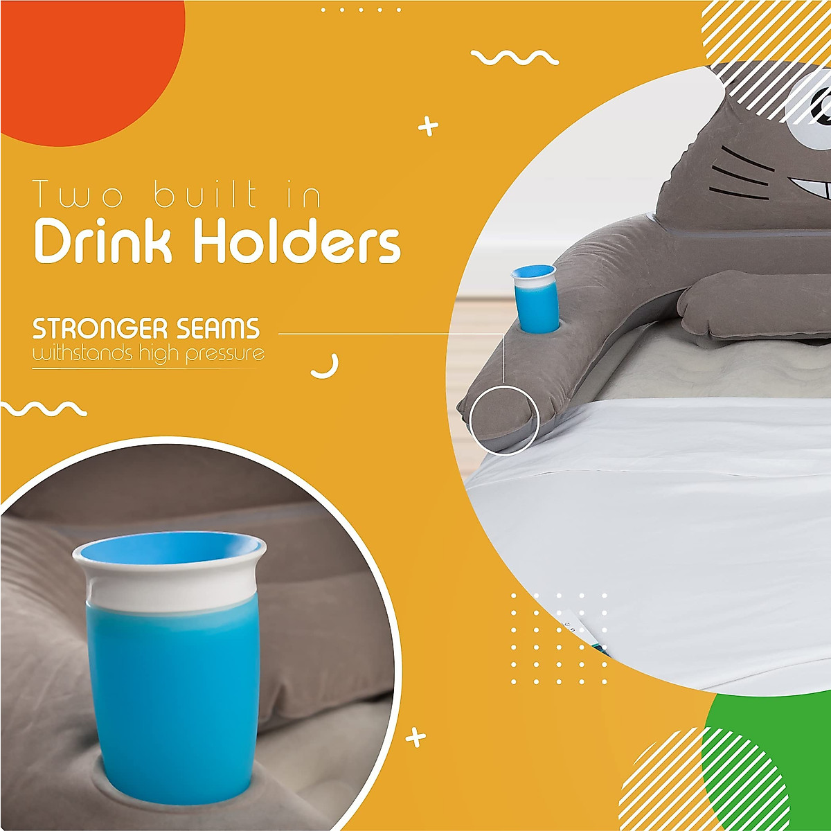 Inflatable Air Mattress Kids Blow Up Bed (Queen Size) – Offers Removable Cartoon Bear Backrest, Cup Holders, Bag, and Electric Pump – Indoor/Outdoor Fun for Travel, Sleepover, Camping, and Movie Night