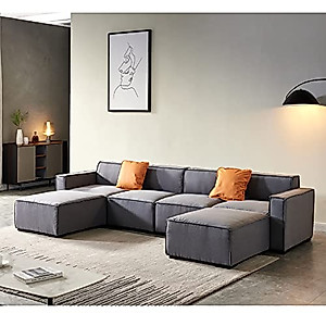 Moxoq Luxury Modern Modular U-Shaped Sectional Sofa Set, Minimalist Linen Fabric Upholstered Comfy Couch with Convertible Chaise, Large Cloud Couch for Living Room (Dark Grey, U-Shaped)