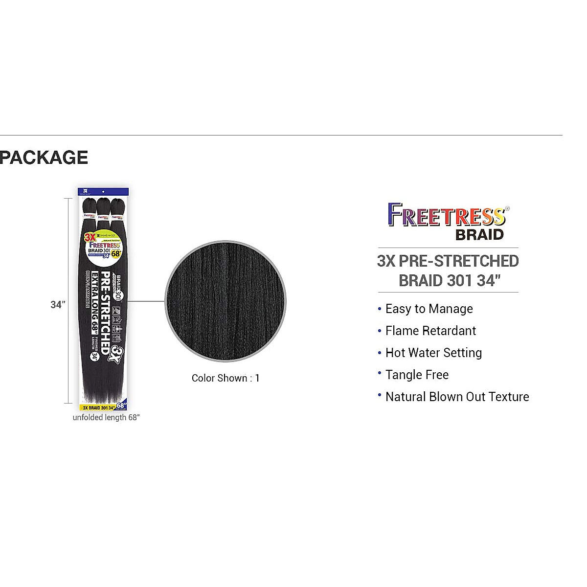 Freetress Synthetic Pre Stretched Braid - 3X BRAID 301 34" (1B Off Black)