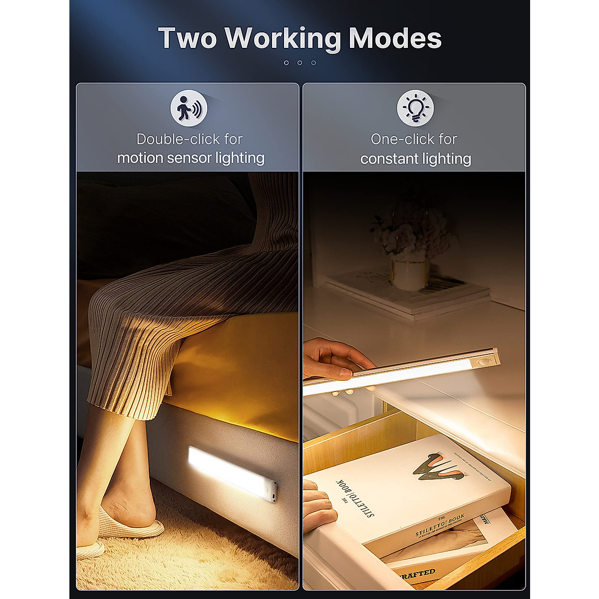 Wakodir 69 LED Under Cabinet Lighting, Motion Sensor Cabinet Light with 1800 mAh Battery, Wireless Rechargeable Night Light for Closet, Hallway, Stairs Cabinet, Kitchen, Wardrobe, Cupboard - 2 Pack