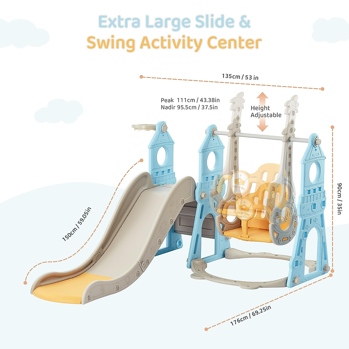 4-in-1 Toddler Slide and Swing Set with Extra Large Playground, Basketball Hoop & Climber, Indoor/Outdoor Playset, Castle Collection - Blue & Yellow