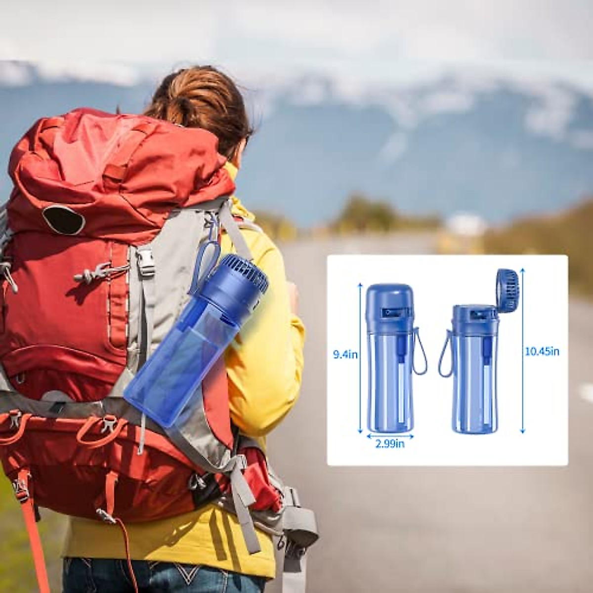 HandFan Bottle - 20 oz, 2 Lids (Straw Lids), Leak Proof - Fitness Water Bottles and Flasks with Cooling Handheld Fan for Men, Women and Children - Valentine's Day Gift for Men or Women - Blue