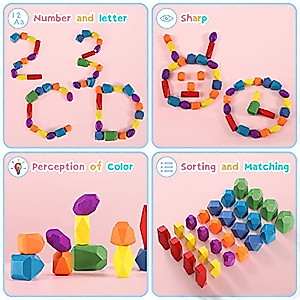 44PCS Sensory Toddler Wooden Stacking Rocks Toys for Boys & Girls Ages 3+ Year Old Building Blocks Montessori Preschool Educational STEM Toys for Kids Birthday Gifts Safe Creativity Rainbow Stones