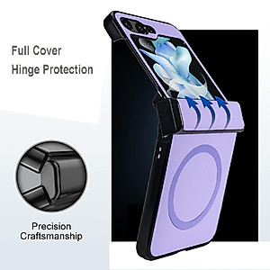 MSOTES for Galaxy Z Flip 5 Case with Hinge Protection, Built-in Screen Protector, Compatible with MagSafe, Luxury Leather Case Full Protection Slim Lightweight for Samsung Galaxy Z Flip5 5G (Purple)