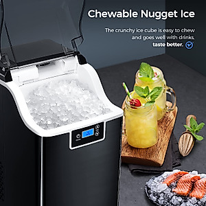 Ice Maker Countertop,Nugget Ice Maker with Self Cleaning,44lbs/Day,3.3lbs 1.5-Hour one Basket,24H Timer,LED Crushed Ice Maker for Home Bar Party,Stainless Steel Black