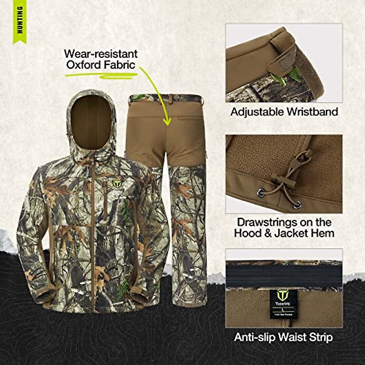 TIDEWE Hunting Clothes for Men with Fleece Lining, Safety Strap Compatible Water Resistant Silent Jacket and Pants, Hunting Suit for Climbing Hiking Trekking Camping (Next Camo G2 Size L)