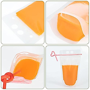 100 PCS Drink Pouches for Adults, Reusable Drink Pouches with 100 Straws Funnel, Heavy Duty Stand-up Juice Pouches Plastic Smoothie Drink Bags for Cold Hot Drinks