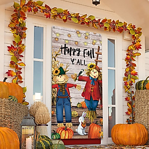 Fall Thanksgiving Door Cover Happy Fall Y'all Door Decorations Fall Harvest Pumpkin Photography Backdrop for Thanksgiving Party Supplies Autumn Home Decor, 71 x 35 Inches