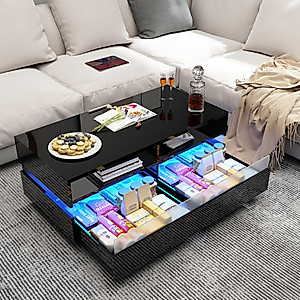 HOMFAMILIA Modern LED Coffee Table w/ 2 Big Storage Drawers,High Glossy 2-Tier Black Coffee Table w/ 60000-Color LED Lights,App Control,Rectangle Center Table w/Open Shelf for Living Room Bedroom