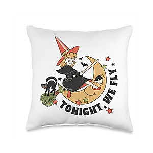 Vintage Witch, Vintage Cat on Halloween Tonight we Fly, Vintage Witch on Halloween Moon Throw Pillow, 16x16, Multicolor