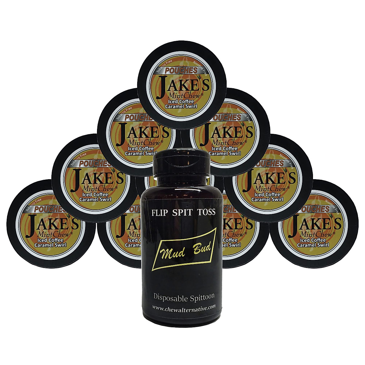 DC Crafts Nation Mud Bud Spittoon Black with 10 Cans Jake's Mint Chew Iced Coffee Caramel Swirl Pouches