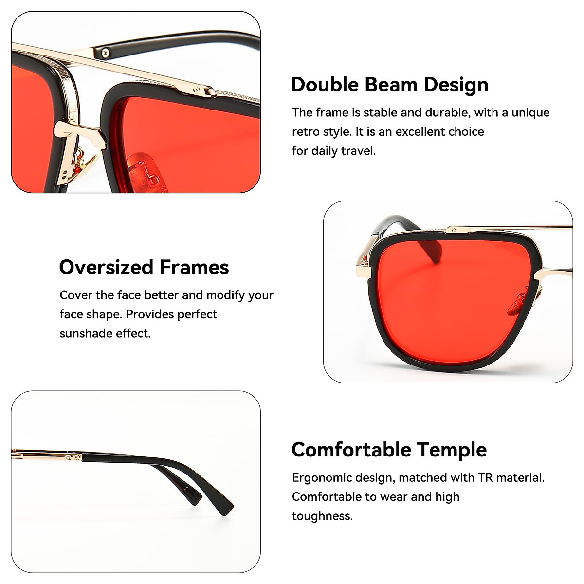 Dollger Oversized Square Aviator Sunglasses for Men Classic Retro Large Frame Red Lens Sunglasses