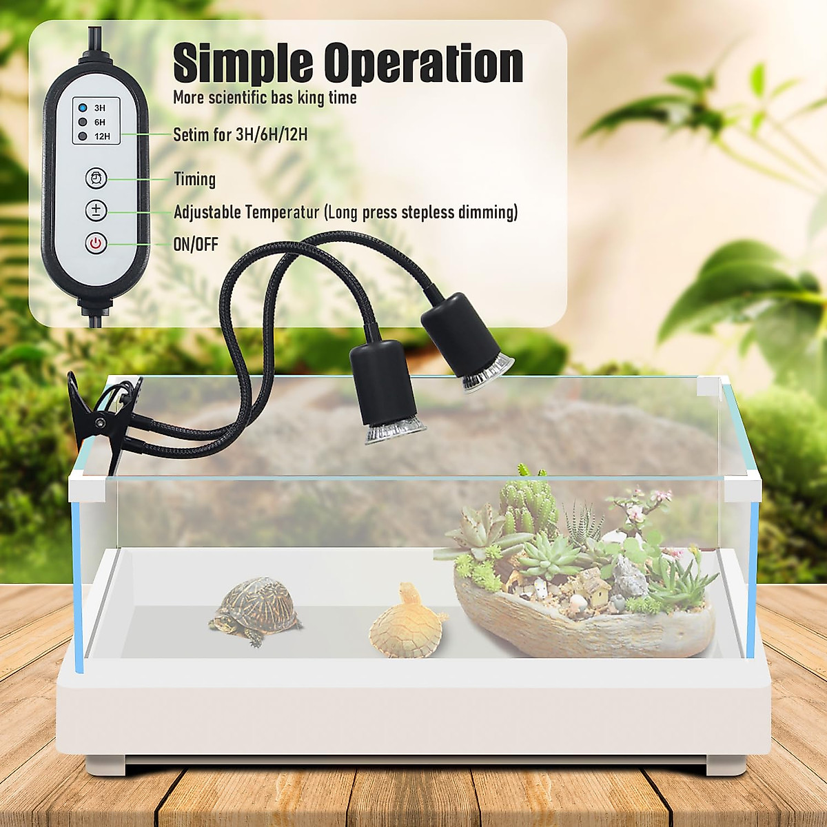 TFNN Reptile Heat Lamp, Double-Head Heat Lamp with Clamp, UVA UVB Reptile Light with Intelligent Cycle Timer for Turtle, Bearded Dragon, Lizard and More, 2 Bulbs 50W+75W