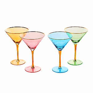 Crystal Martini Glasses Colored - Set of 4 - Stemmed Multi-Color Glass, Great for all Drink Types and Occasions - Luxury, Durable, Hand-Blown Vintage Art Deco Coupe for Champagne, Martini, Cocktails