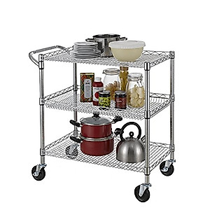 Finnhomy 3 Tier Heavy Duty Commercial Grade Utility Cart, Wire Rolling Cart with Handle Bar, Steel Service Cart with Wheels, Utility Shelf Plant Display Shelf Food Storage Trolley, NSF Listed