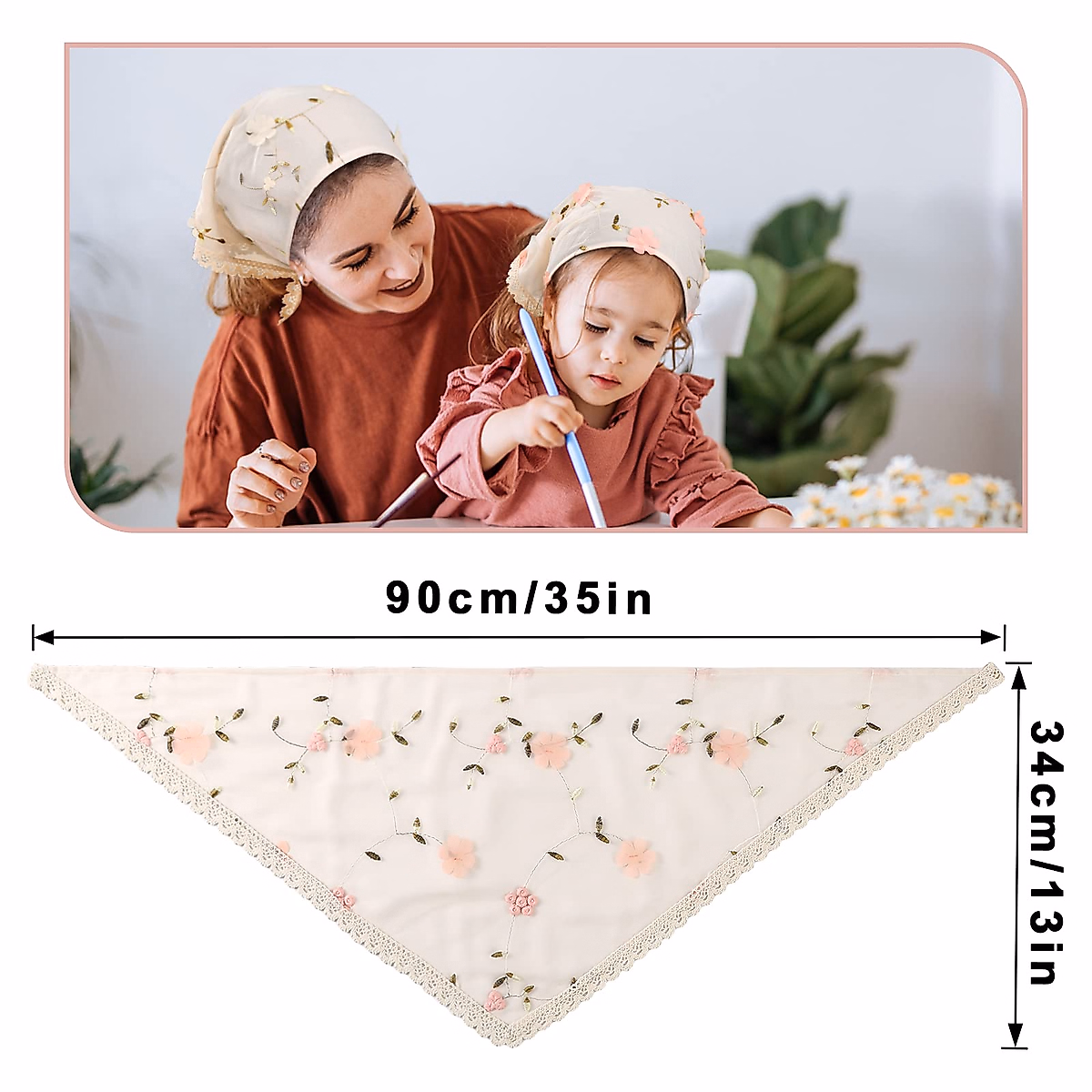 AWAYTR 2Pcs Floral Hair Bandanas Tie-back Head Kerchief for Women Flower Mesh Hair Scarves Lightweight Triangular Head Scarf (Lace trim(Beige/Pink))