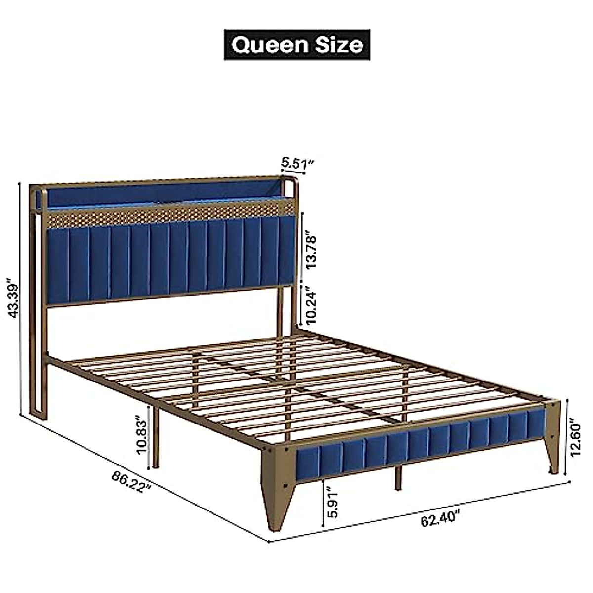 Saudism LED Bed Frame with Charging Station, Queen Size Bed Frame with Headboard Storage, Sturdy and Durable, No Box Spring Needed, Gold+Navy Blue