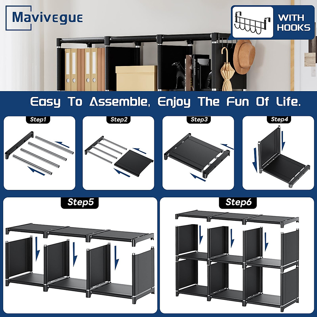 Mavivegue Book Shelf, 9+12+16+18 Cube Storage Organizer, DIY Bookcase, Metal Cube Bookshelf, Tall Book case for Bedroom, Living Room,Office, Closet Storage Organizer, Black Cubicle Storage Rack-Black