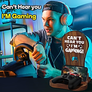 Slothoem-Gamer Gifts for Teenage Boy, Gamer Room Decor for Man, Best Gifts for Son, Boyfriend, Husband, Gamer Room Accessories Stuff, Wooden Gaming Headset Stand - Can't Hear You I'm Gaming