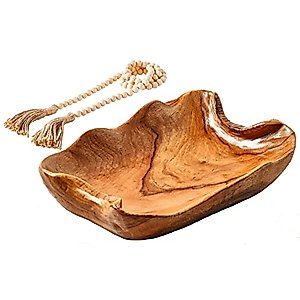 Wavy Live Edge Wooden Bowls for Decor+Wood Beads Garland, Handmade Key Bowl For Entryway Table Decor, Wood Bowls Decorative Wooden Fruit Bowl, Hand Carved Root Centerpiece Display Potpourri Wood Bowl