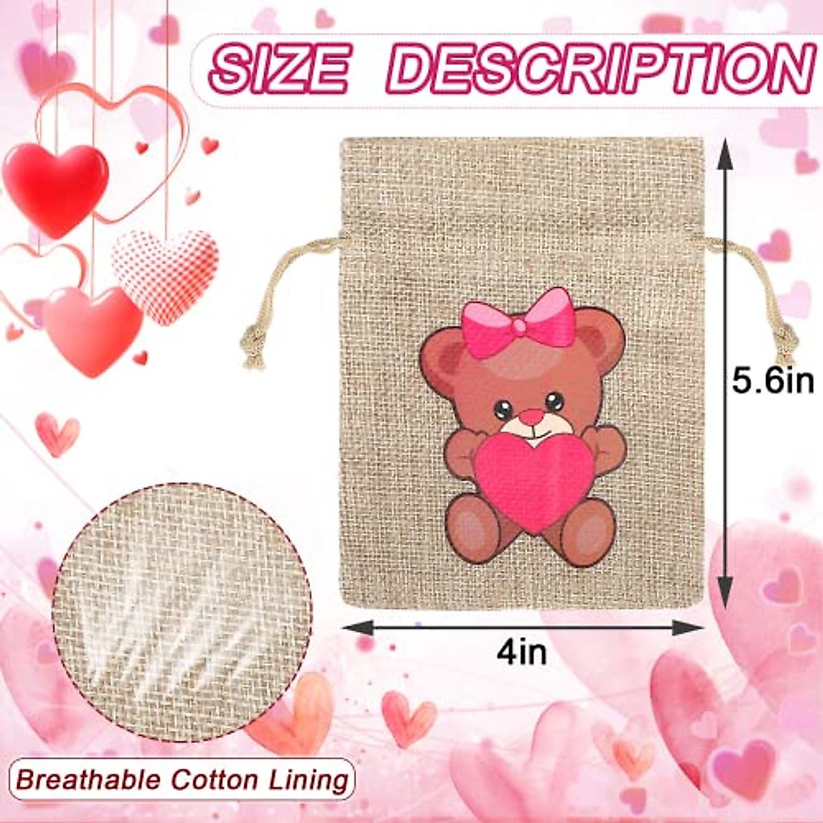 JUNEBRUSHS 42 Pack Valentines Burlap Bags, Small Valentine Gift Bags with Drawstring Valentine's Day Goodie Bags for Kids Baby Shower Wedding Party Favor Bags Heart Treat Candy Bags Fillers