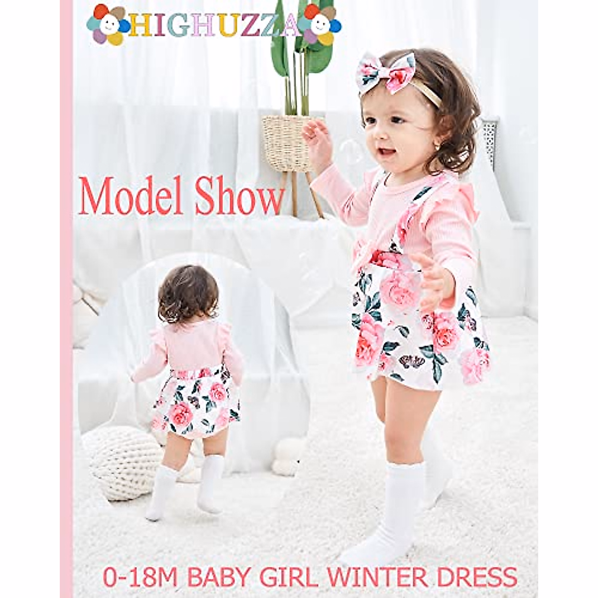 HIGHUZZA Baby Girl Clothes Newborn Dress Infant Romper Outfits Jumpsuit Clothing Suspender Headband Overall Skirt Set Winter Fall 0-3 Month Pink