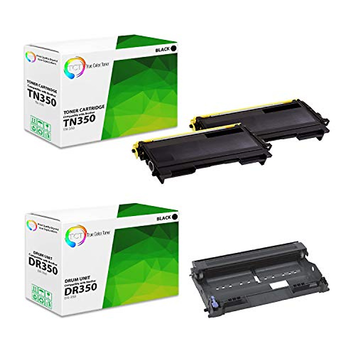 TCT Premium Compatible Toner Cartridge and Drum Unit Replacement for Brother TN350 DR350 works with Brother HL-2030 2070N, DCP-7020, FAX-2820 2825 2920, MFC-7220 Printers (2 TN-350, 1 DR-350) - 3 Pack