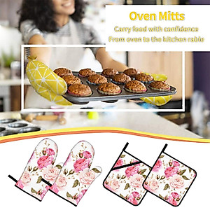 YILEQUAN Floral Flower Rose Pink Print Oven Mitts and Pot Holders Sets,Kitchen Oven Glove High Heat Resistant 500 Degree Oven Mitts and Potholder,Surface Safe for Baking, Cooking, BBQ,Pack of 4