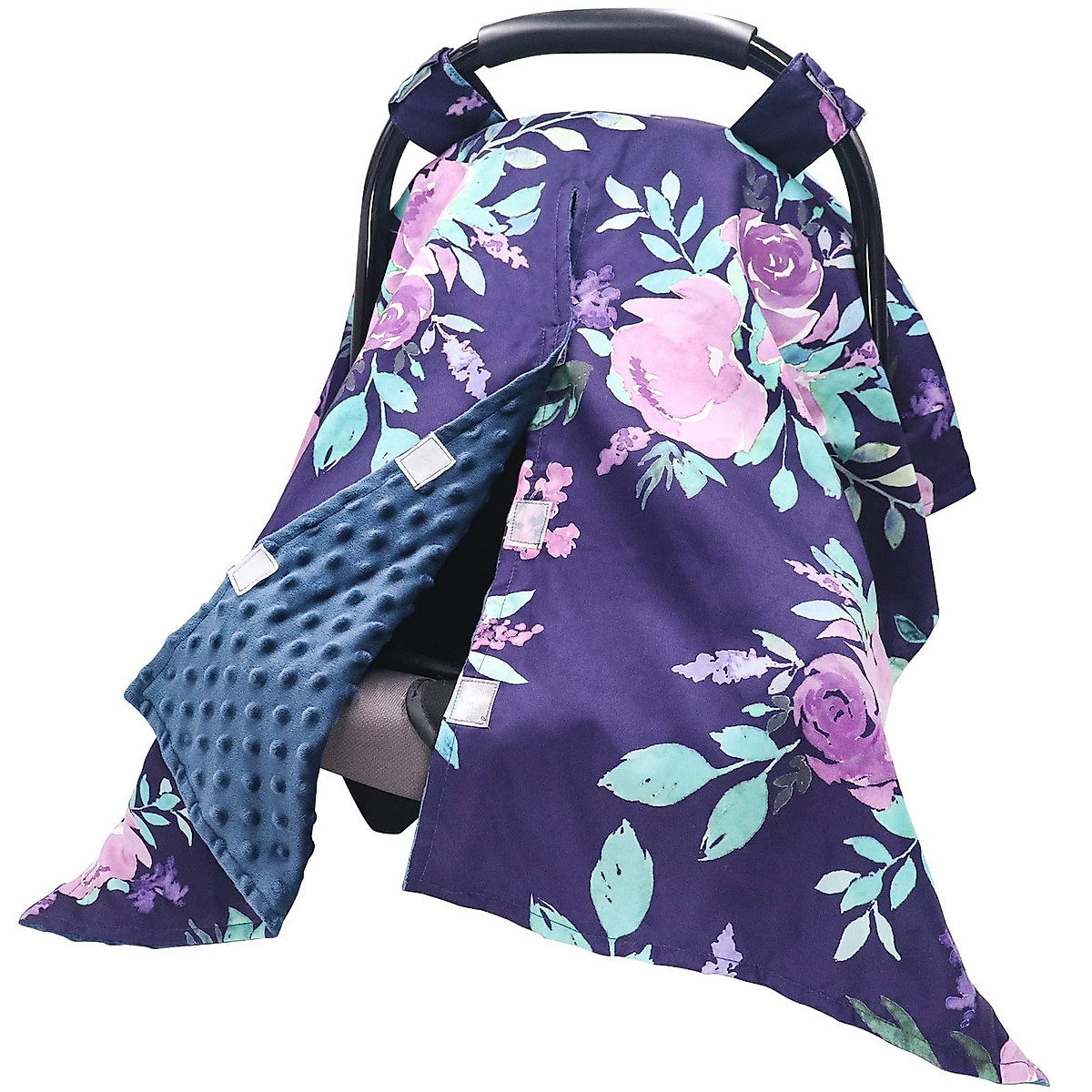 Peekaboo Opening Car Seat Cover & Minky Toddler Blanket for Boys Girls, Purple Flower Car seat Canopy Baby Blankets, Soft Fabric