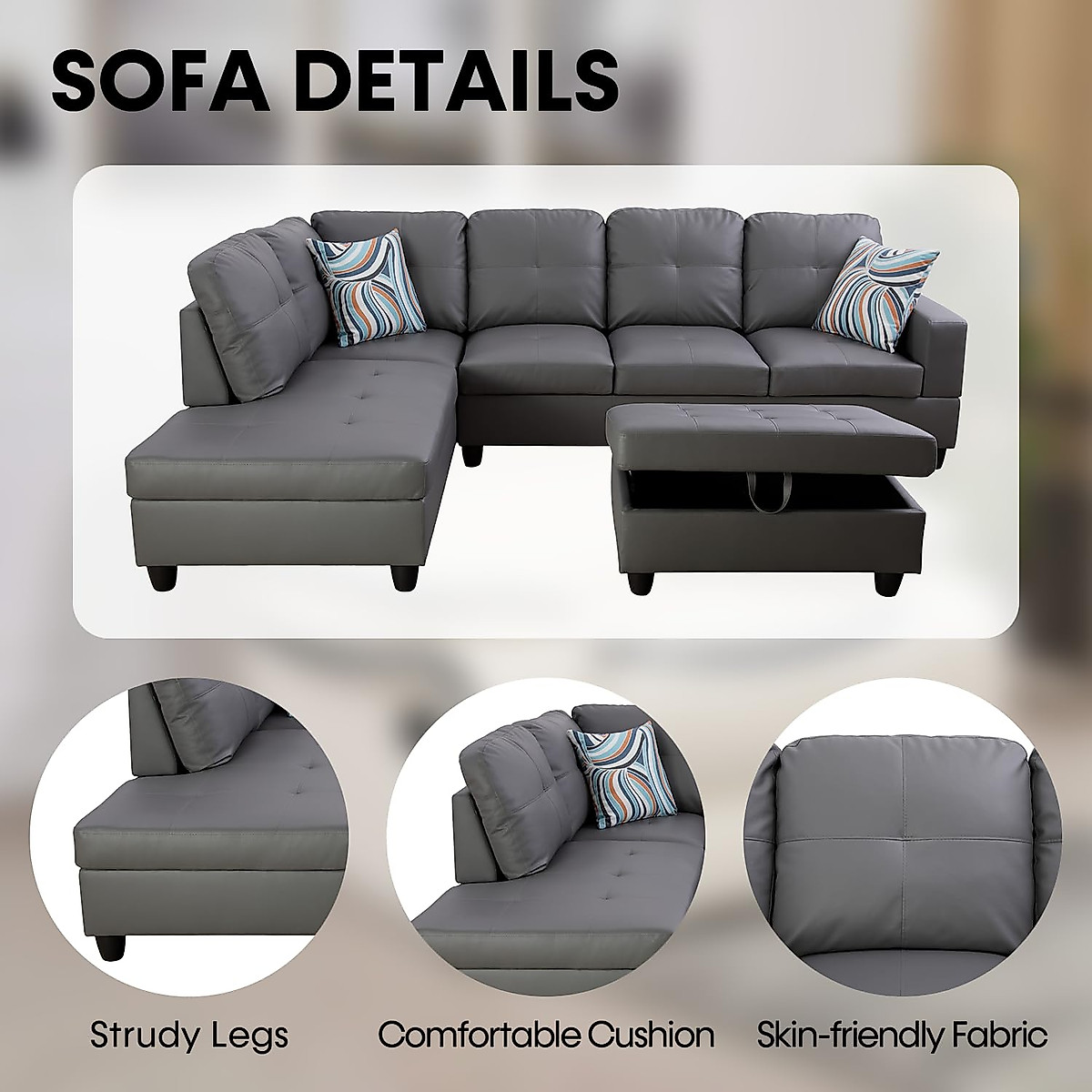 Caberryne Sectional Couch for Living Room Furniture Set Dack Grey,Sectional Sofa Set L Shape Sofa and Chaise with Storage Ottoman for Living Room/Apartment（Dack Grey,Facing Left Chaise）