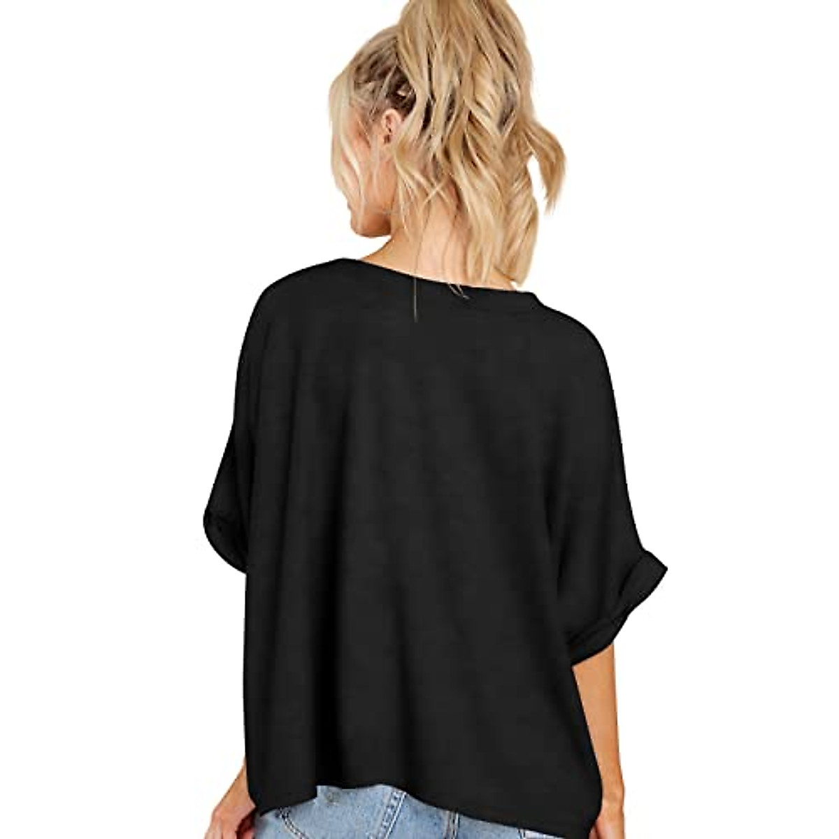 Langwyqu Womens' Short Sleeve Oversized Summer Crew Neck Loose Casual Tee T-Shirt Black