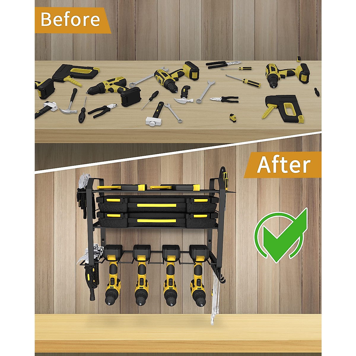 Affogato Power Tool Organizer, 3 Layers Drill Holder Wall Mount, Power Tool Organizer Wall Mount, Power Tool Holder Garage Tool Rack with 4 Side Tool Rack