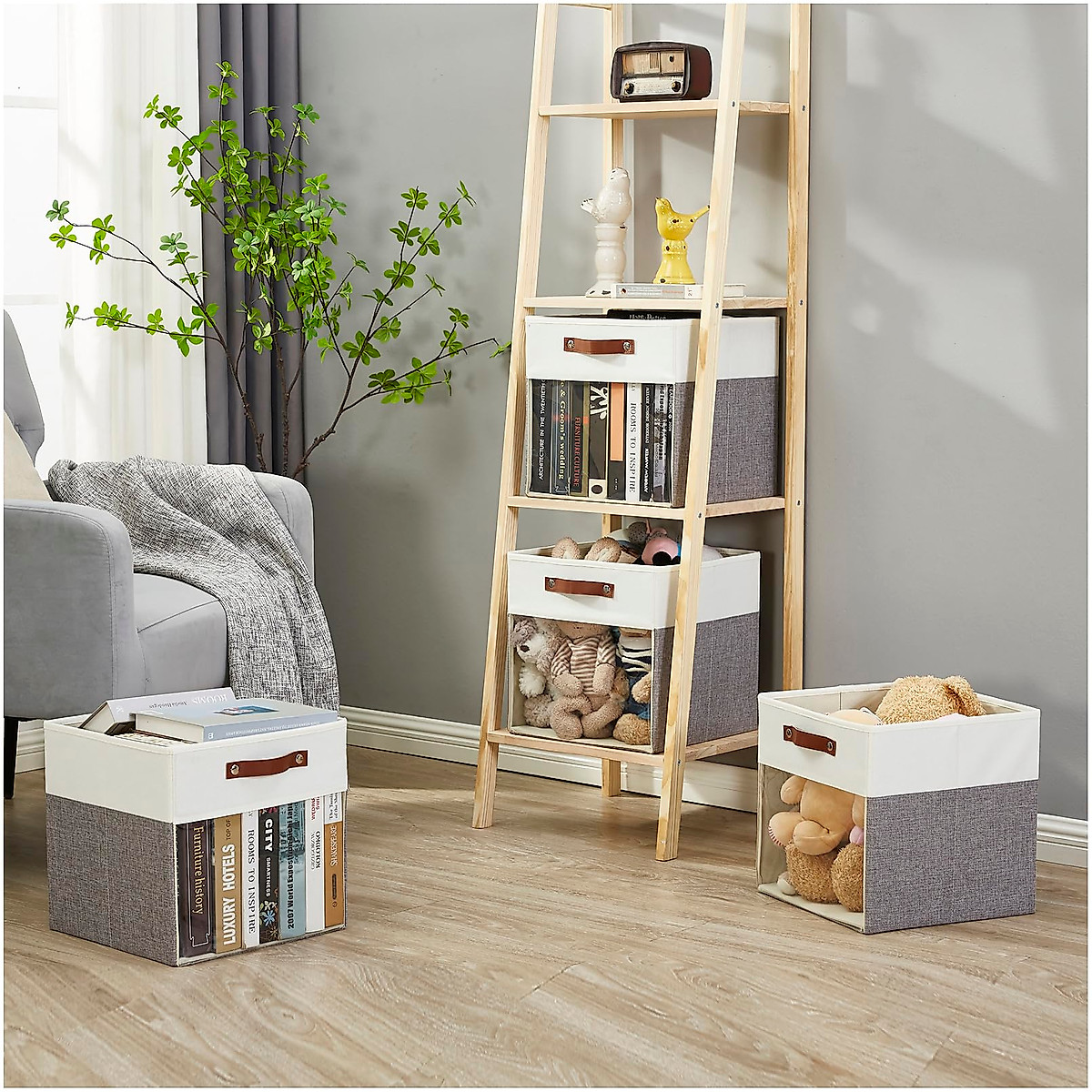 Bagnizer Storage Cubes with Clear Window Linen Fabric Collapsible Storage Bins with Handles 13 x 13 Inch Foldable Storage for Shelf Closet 4 Pack, Grey and White