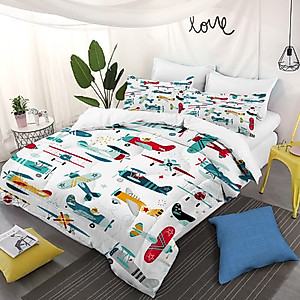 Yasida Kids Airplane Comforter Set Twin Size Colorful Cartoon Propeller Plane Bedding Set Kids Boys Bedding Sets Twin Teens Cartoon Airplanes Down Comforter Aviation Theme Duvet Bedroom Decor