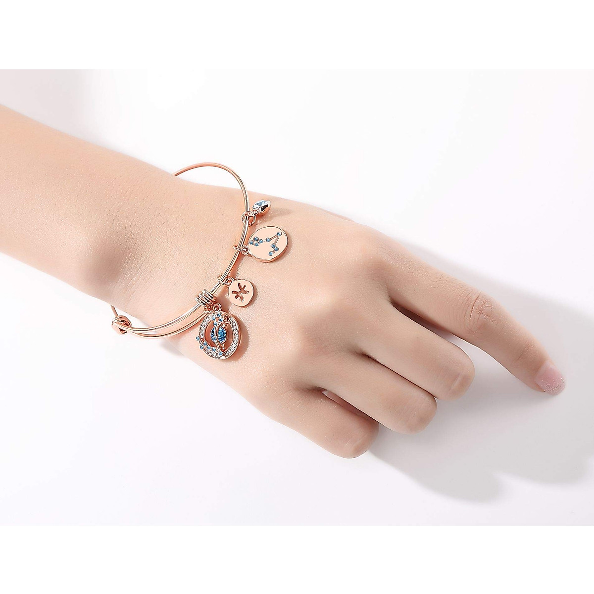 Leafael Superstar Pisces Zodiac Expandable Bangle Crystal Bracelet Horoscope Constellation Feburary March Birthstone Jewelry Gifts for Women, Rose Gold Plated, 7"