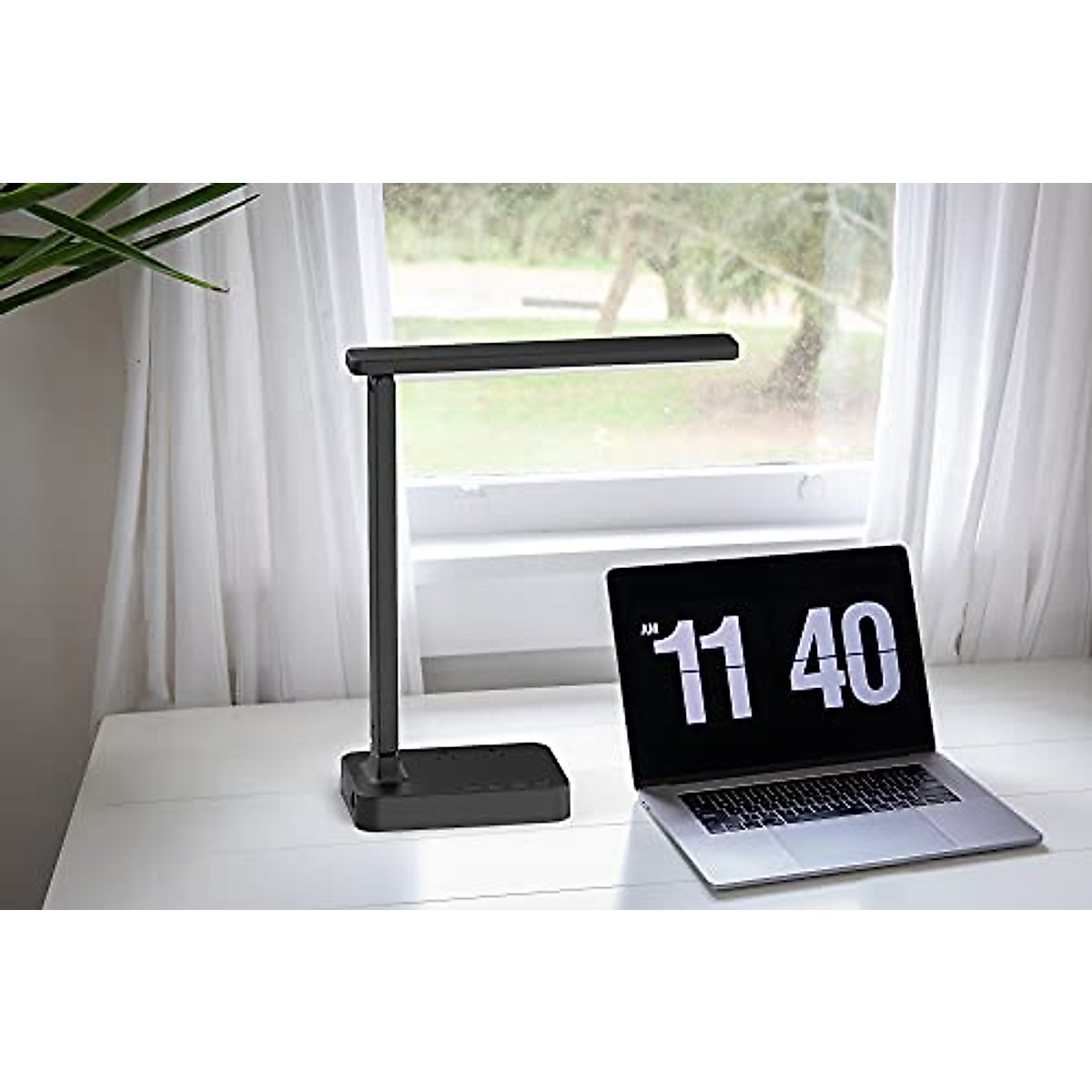 Drevet LED Desk Lamp, Desk Light with 1 USB Charging Port and 2 AC Power Outlet, 3 Lighting Modes, 3 Level Brightness,1H Timer, Touch Control, Eye-Caring Home Office Foldable Table Lamp (Black)