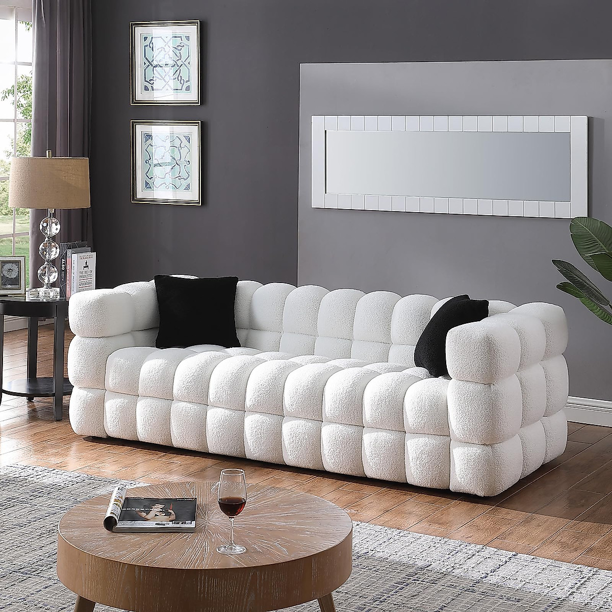 kevinplus 84'' White Sofa Couch Cloud Boucle Sofa Couch Chesterfield Sofa Couch for Living Room, Modern 3-Seat Upholstered Sectional Sofa Couch for Apartment Bedroom Dorm Office, Medium-Soft