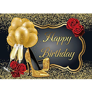 GYA 7x5ft Glitter Gold Happy Birthday Backdrop Red Rose Floral Golden Balloons Heels Champagne Glass Background for Women Birthday Party Decorations Birthday Party Supplies