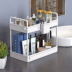 SOLEJAZZ Under Sink Organizers and Storage Multi-Purpose, 2 Tier Under Bathroom Cabinet Storage with Dividers, Hooks, Cup for Bathroom, Kitchen, White