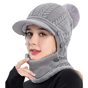 Women One Piece Slouchy Fleece Beanie Hats Scarf Mask Warm Winter Knitted Hat Thick Skull Ski Cap