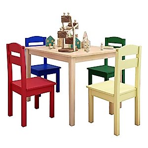 HONEY JOY Kids Wooden Table and Chair Set, 5-Piece Kiddy Sized Activity Table and Chair Set for Crafts Art, Toddler Playroom Furniture Set for Kids Ages 4-8 (Colorful)